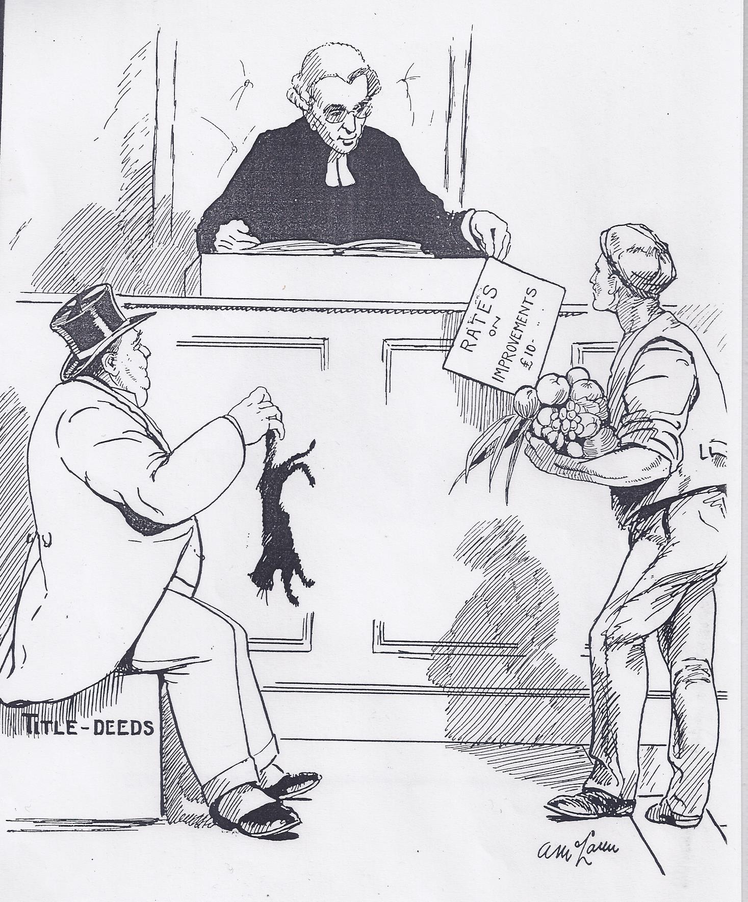 Two cartoons by Andrew MacLaren MP - Land is Free